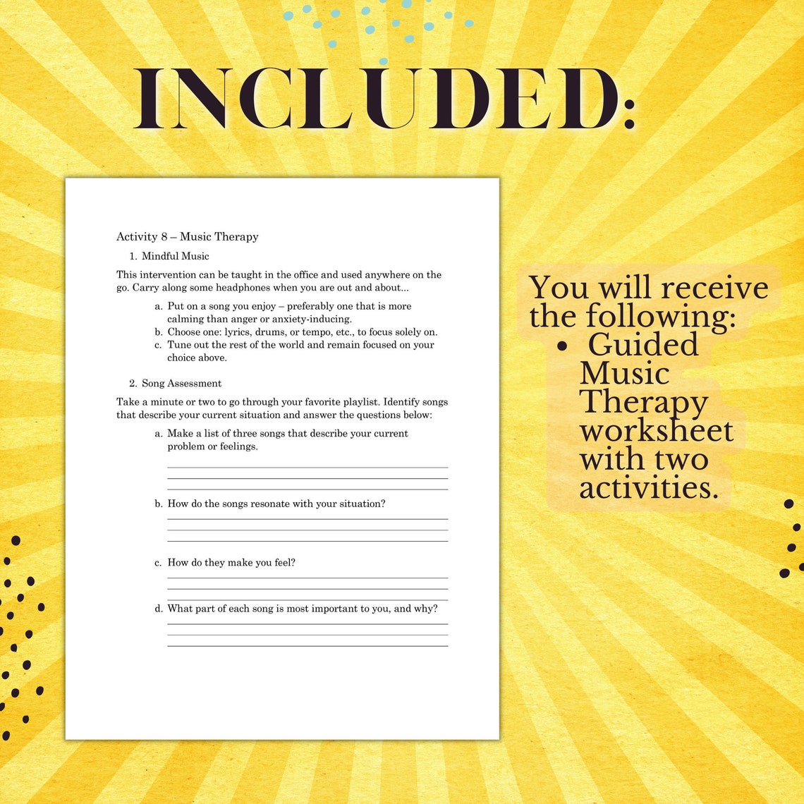Music Therapy Worksheet for Teens | Sound Healing Activity to Reduce ...