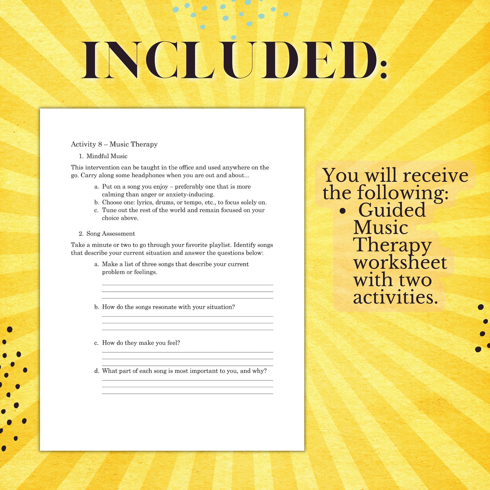 Music Therapy Worksheet for Teens | Sound Healing Activity to Reduce ...