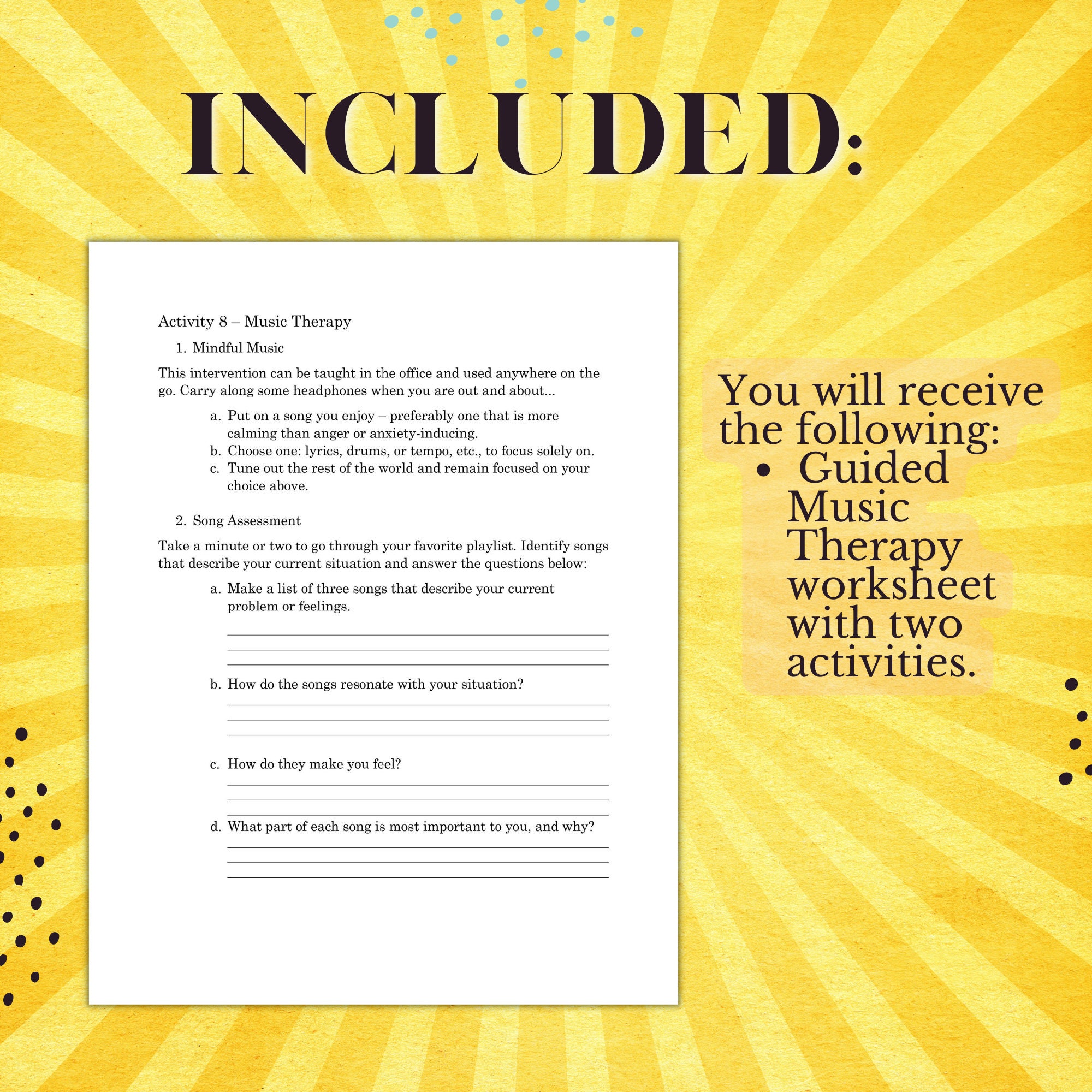 Music Therapy Worksheet for Teens | Sound Healing Activity to Reduce ...