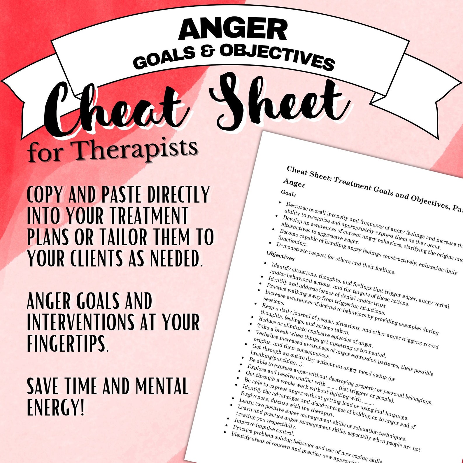 Anger Goals Cheat Sheet Anger Management Goals & Objectives Desktop ...