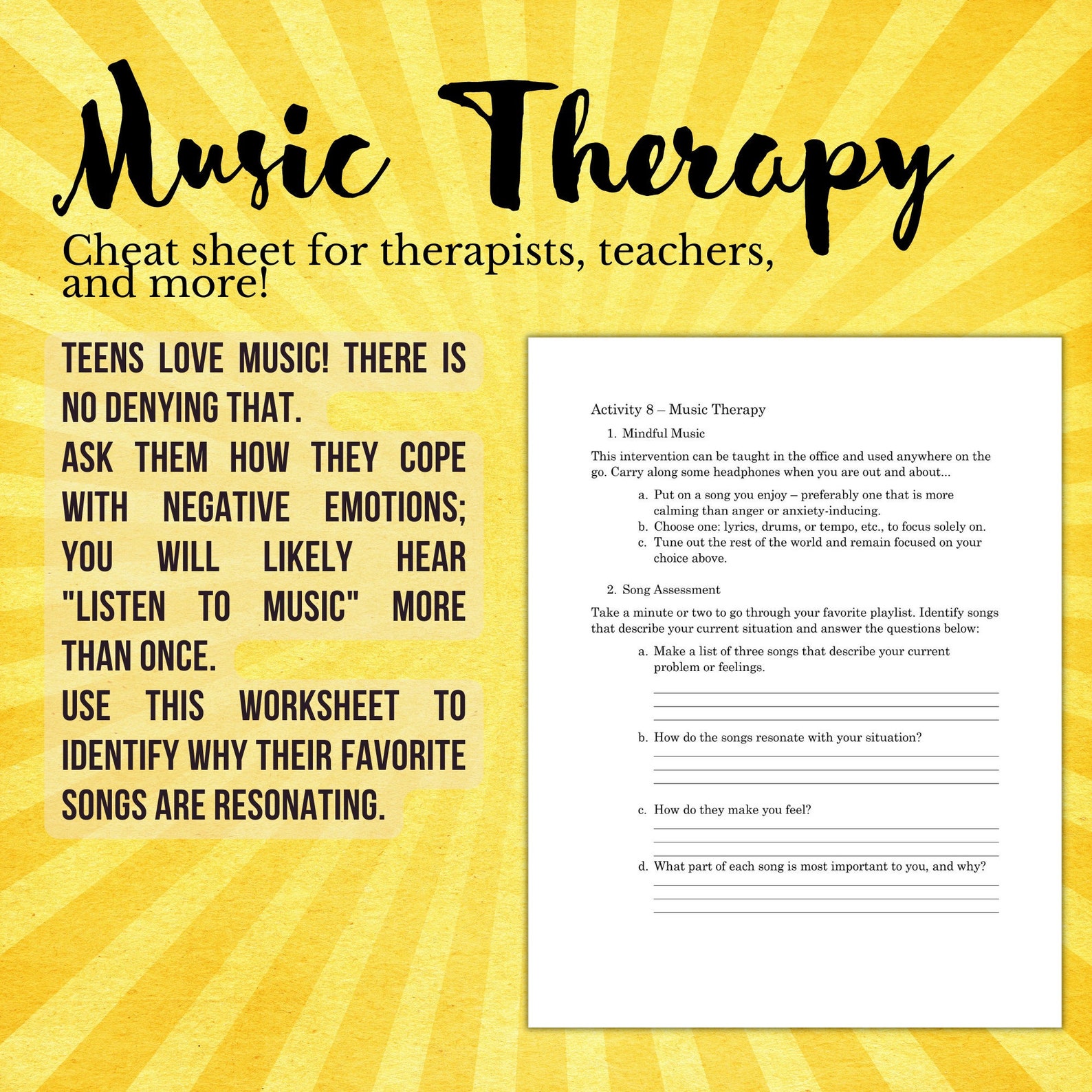 Music Therapy Worksheet for Teens | Sound Healing Activity to Reduce ...