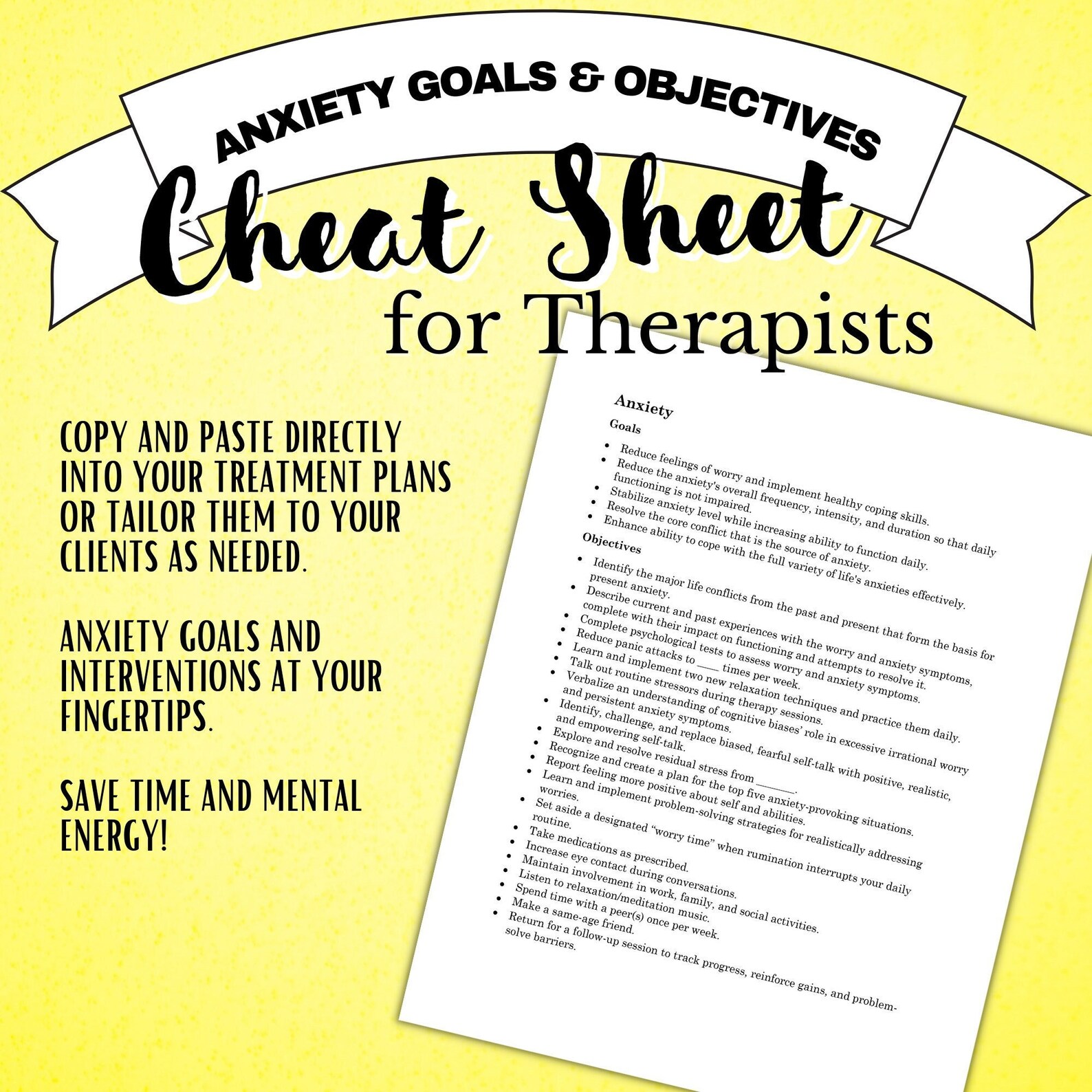 Anxiety Goals Cheat Sheet Therapy Goals & Objectives Desktop Reference ...