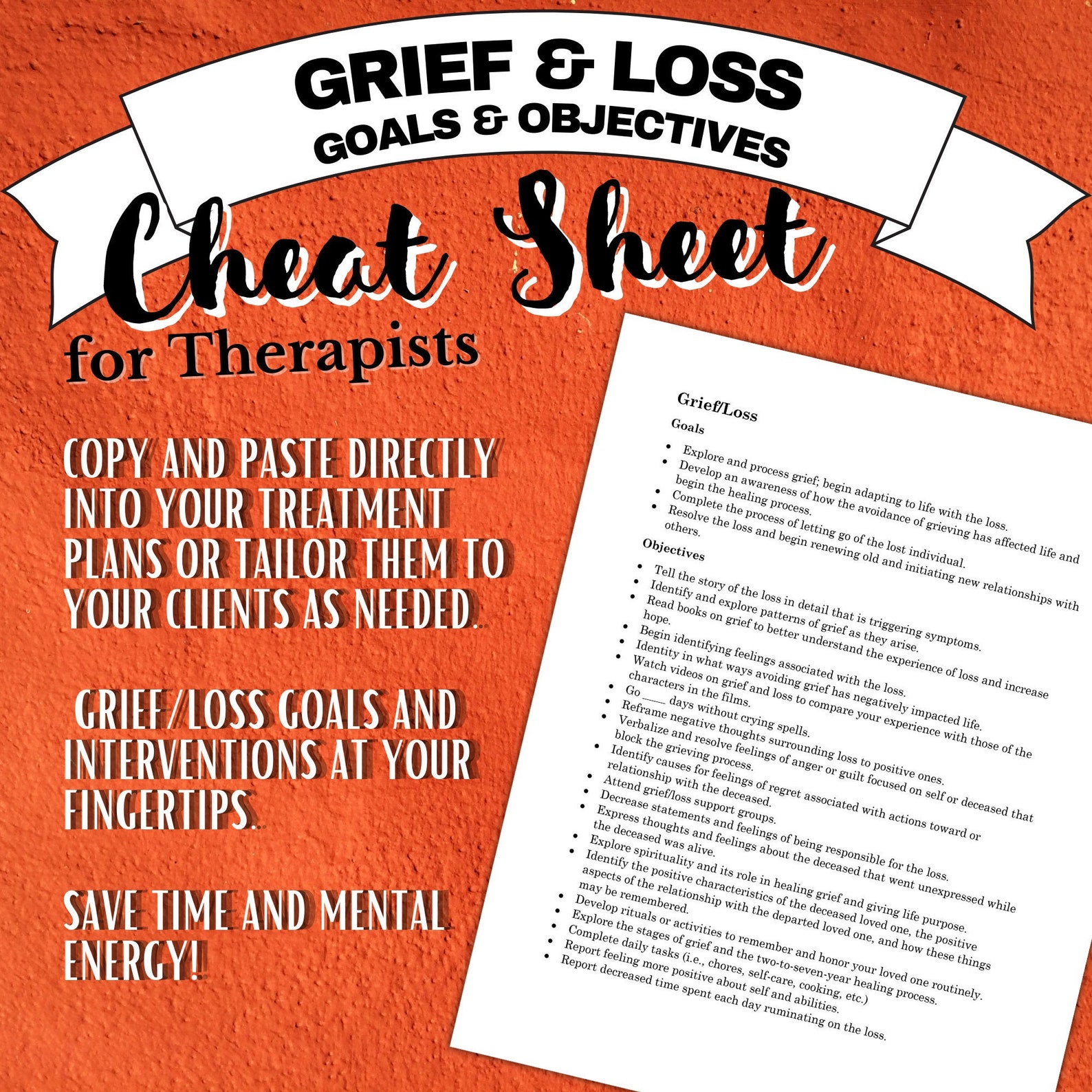 Grief and Loss Therapy Goals Cheat Sheet Copy and Paste Goals & Objectives for Grief Counseling ...