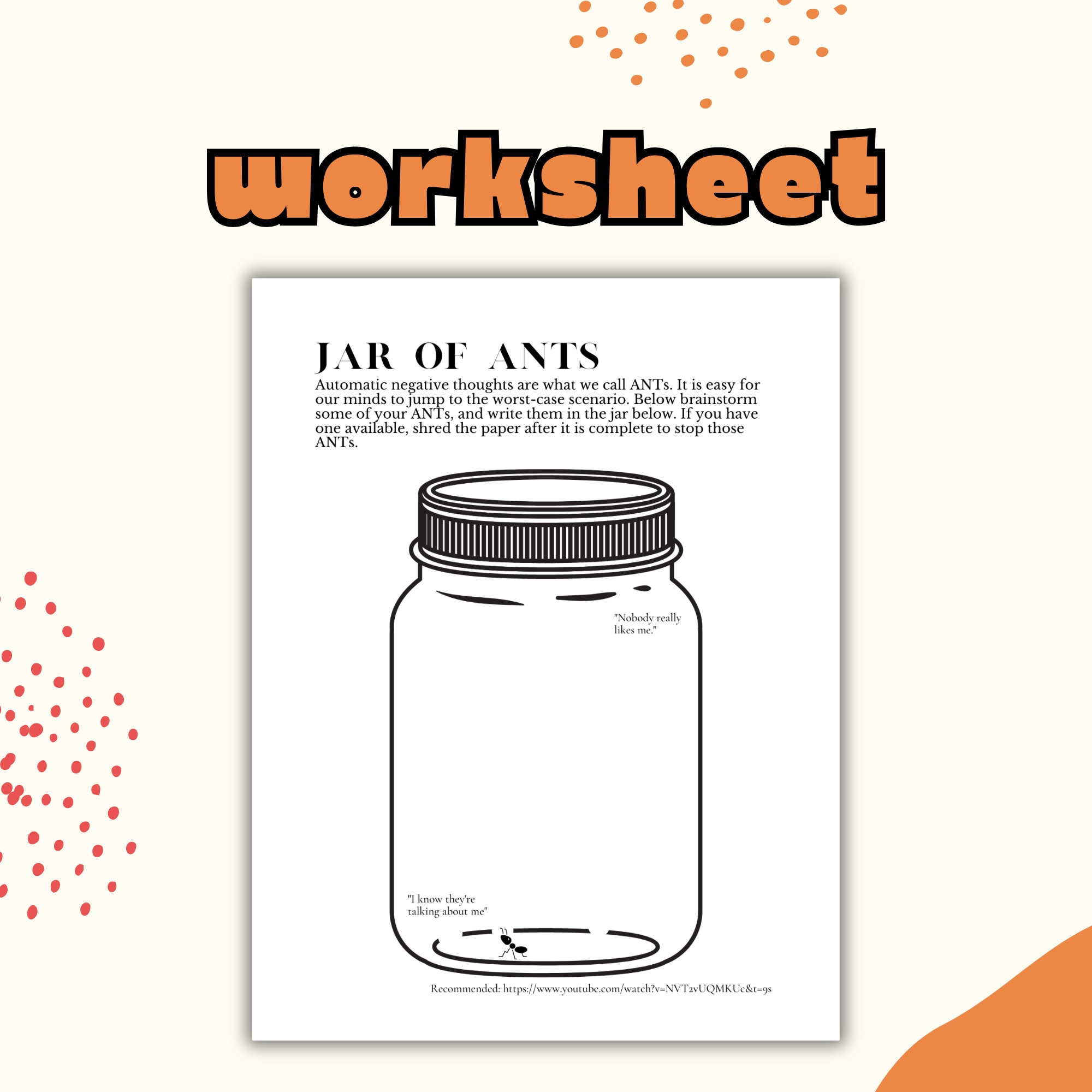Automatic Negative Thought CBT Worksheet | Jar of Ants | Therapy Activity for Children and Teens ...