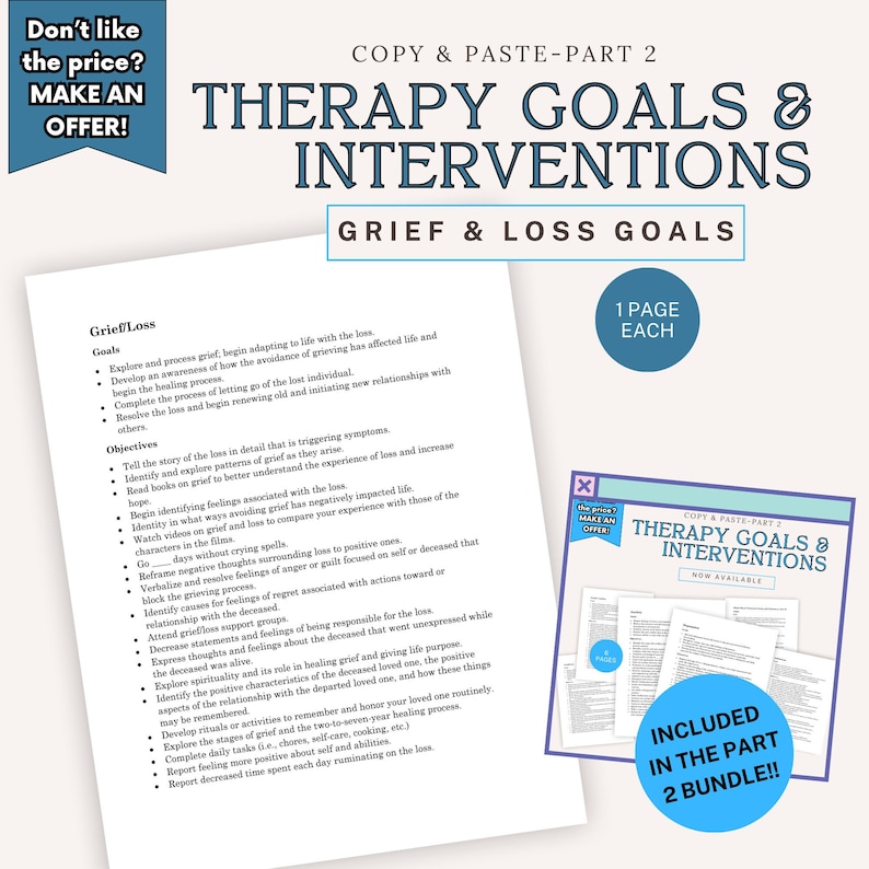 Grief and Loss Therapy Goals Cheat Sheet | Copy and Paste Goals ...