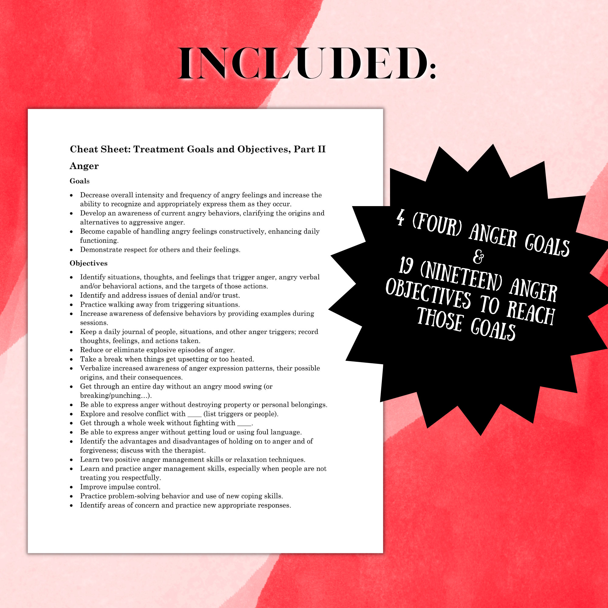 Anger Goals Cheat Sheet Anger Management Goals & Objectives Desktop ...