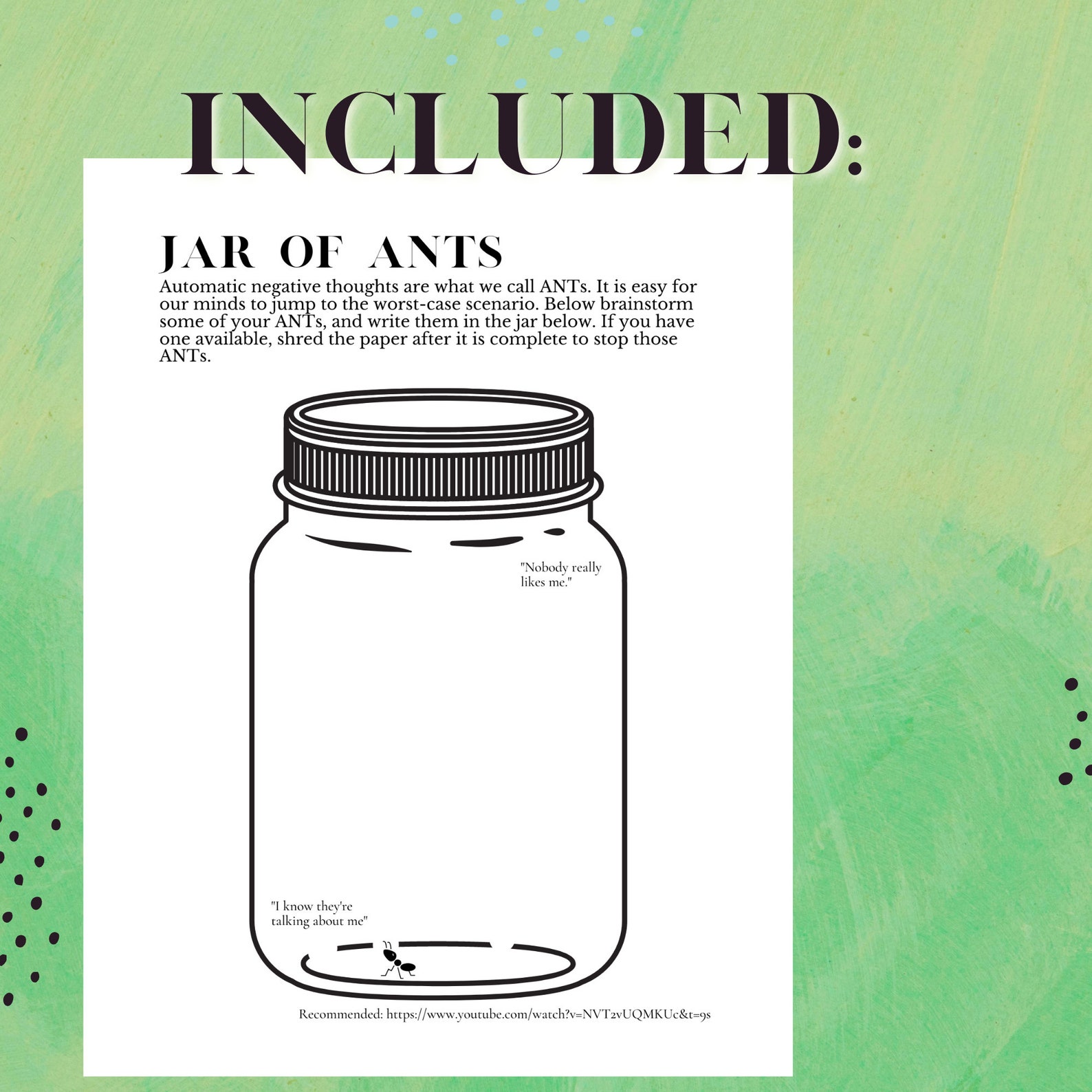 Automatic Negative Thought CBT Worksheet Jar of Ants Therapy Activity ...
