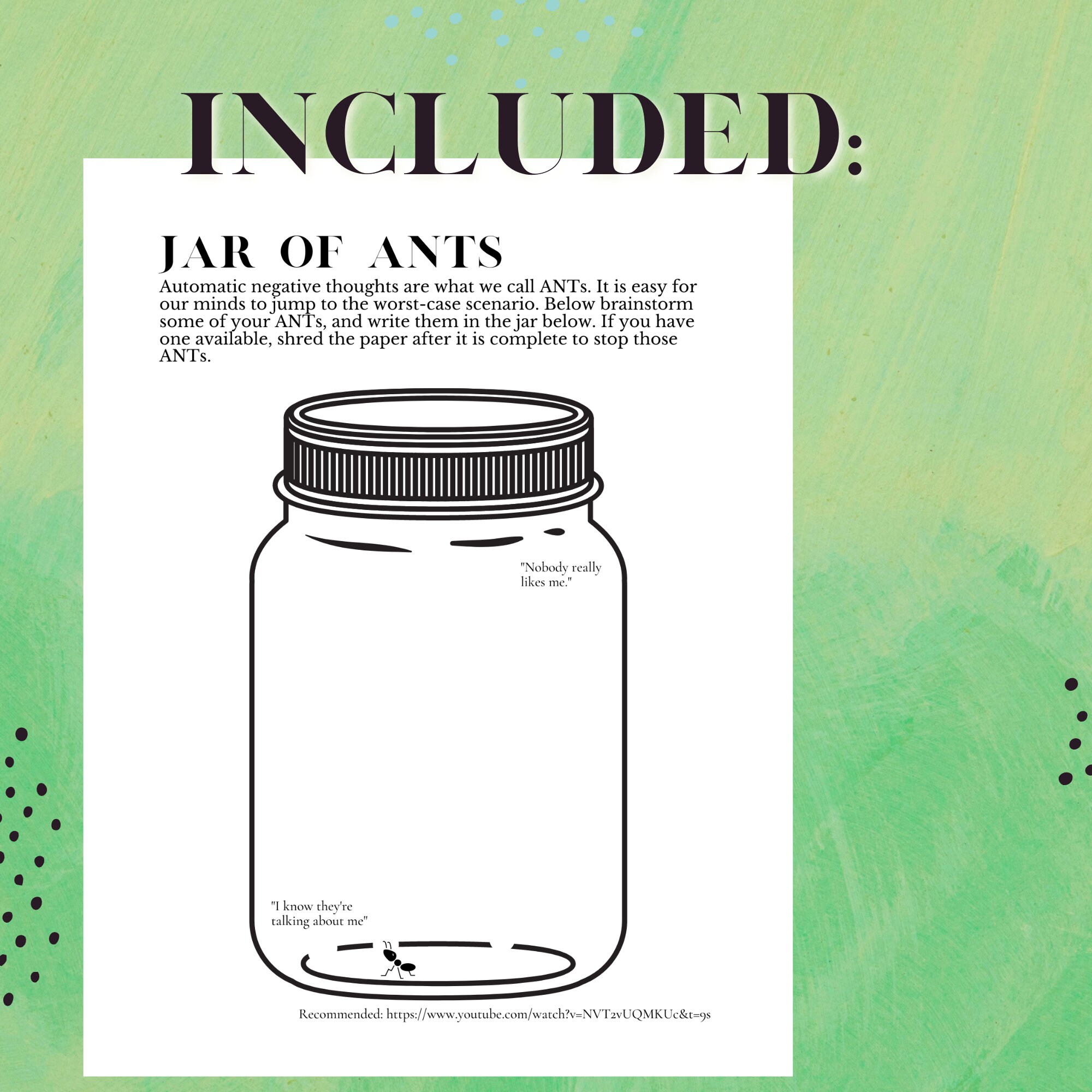 Automatic Negative Thought CBT Worksheet Jar of Ants Therapy Activity ...
