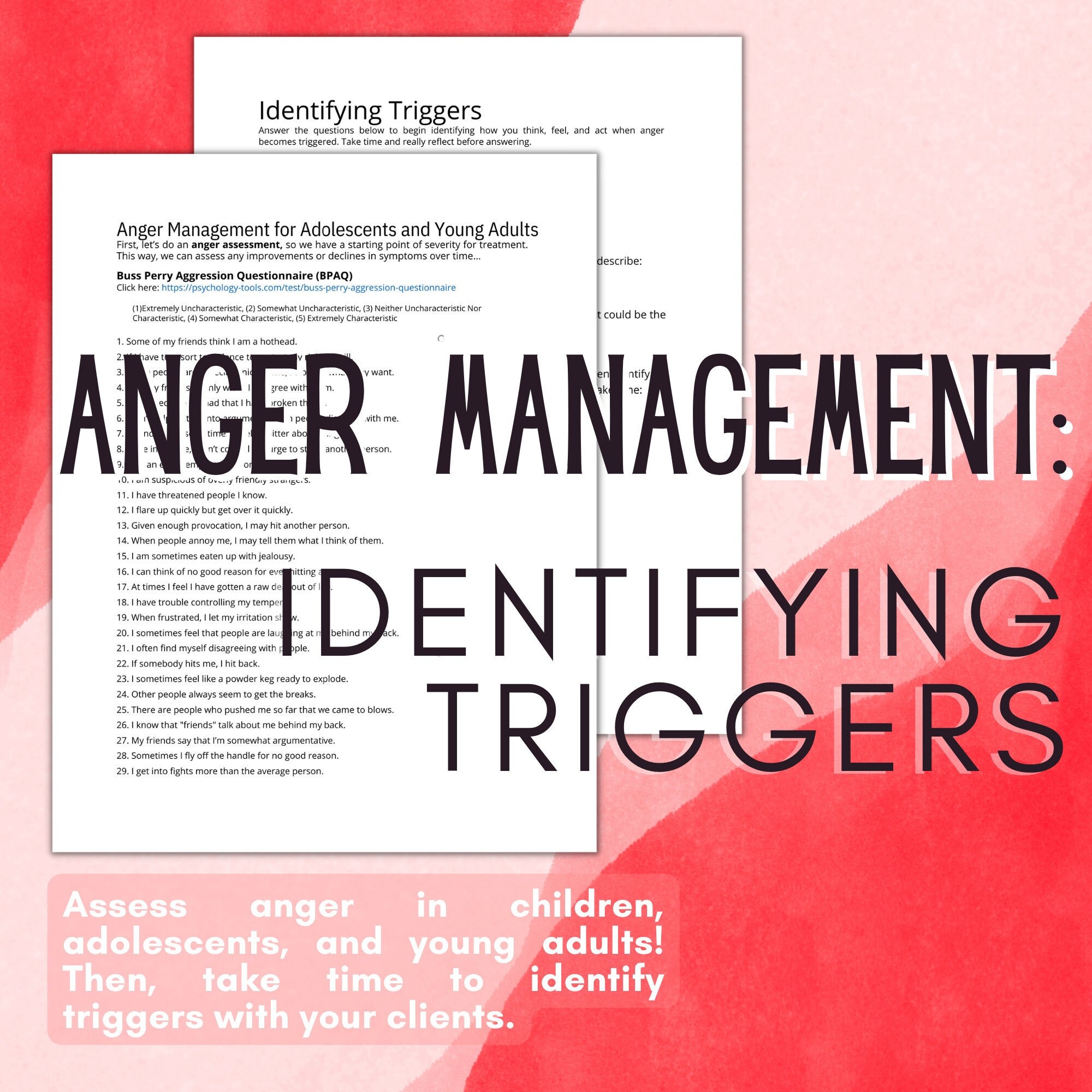 Anger Management Worksheet Anger Assessment for Teens or - Etsy