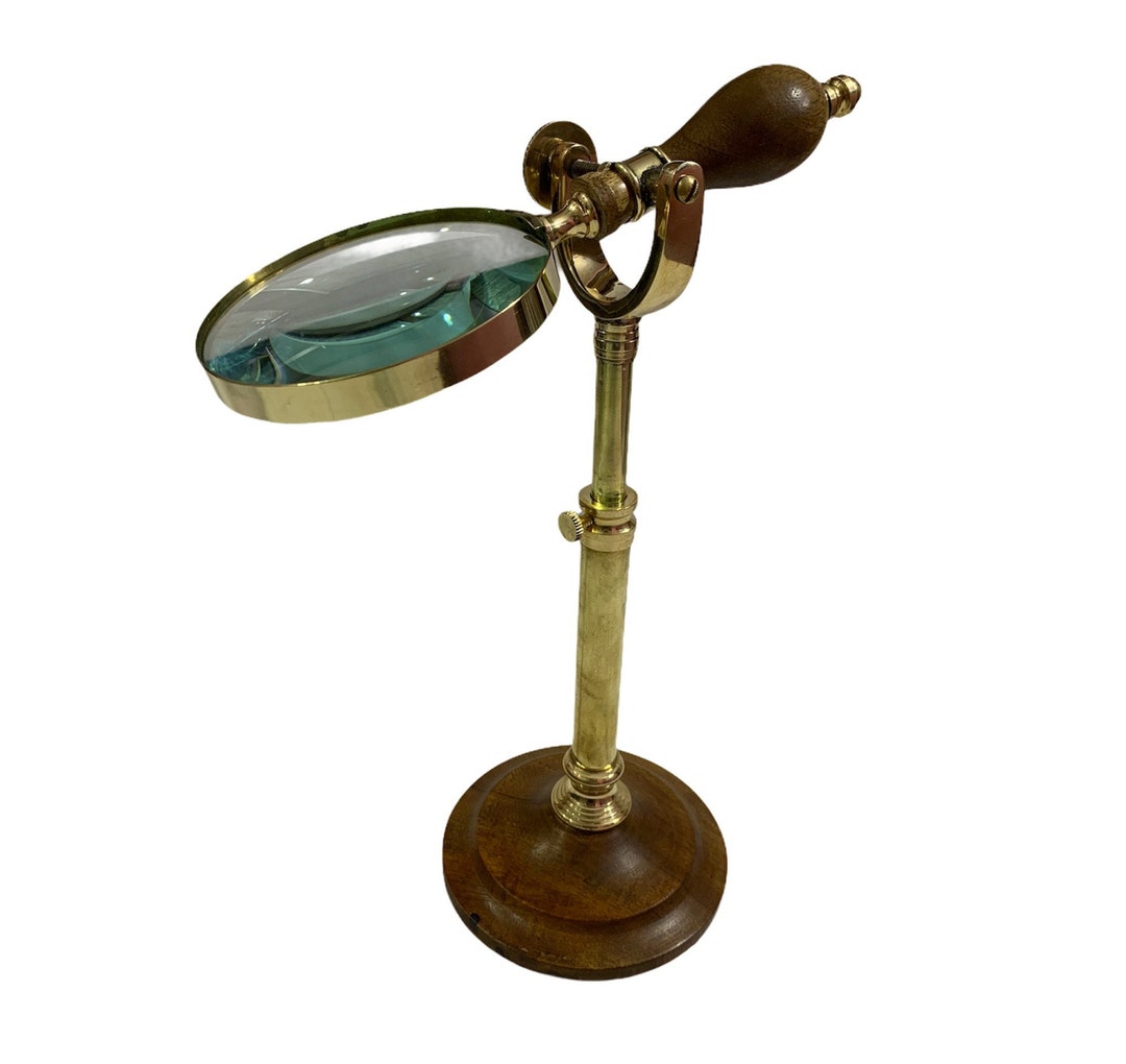 4 Brass Magnifying Glass on Wooden Base Adjustable Desk Stand Reading ...