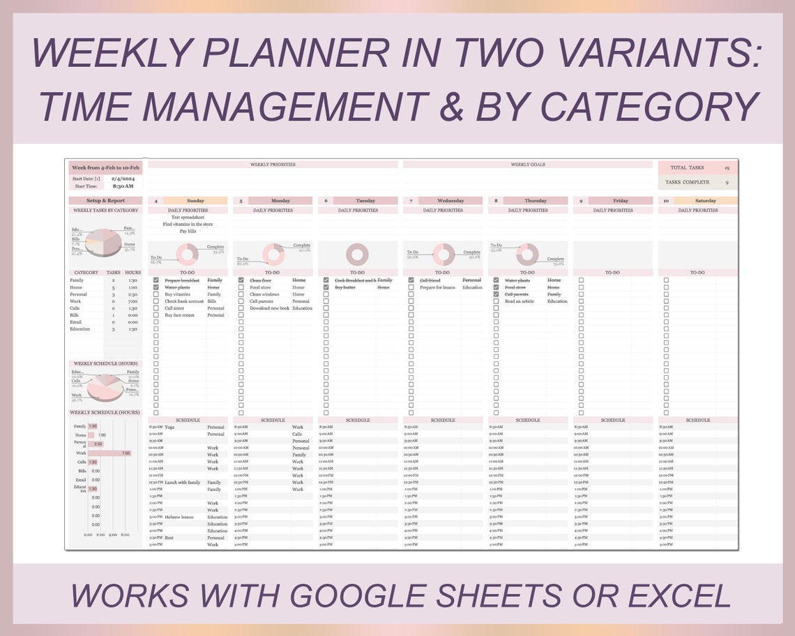 Weekly Schedule Template Weekly Planner Spreadsheet Weekly - Etsy