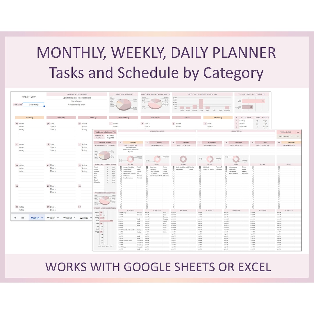 Monthly Weekly Daily Planner Spreadsheet Digital To-do List Organizer ...
