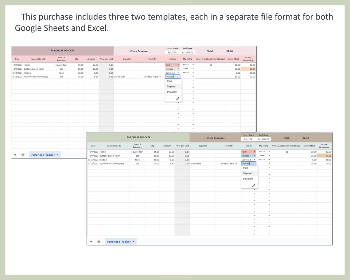 Purchase Order Tracker Spreadsheet Excel Google Sheets Template ...