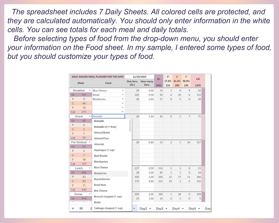 Macro Meal Planner Spreadsheet, Excel Meal Planner, Macro Diet Meal Planner, Calorie Tracker ...