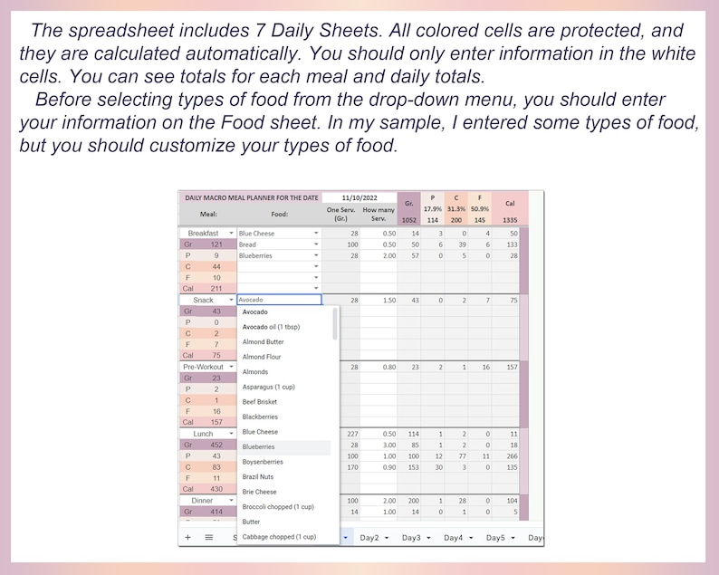 Macro Meal Planner Spreadsheet, Excel Meal Planner, Macro Diet Meal ...