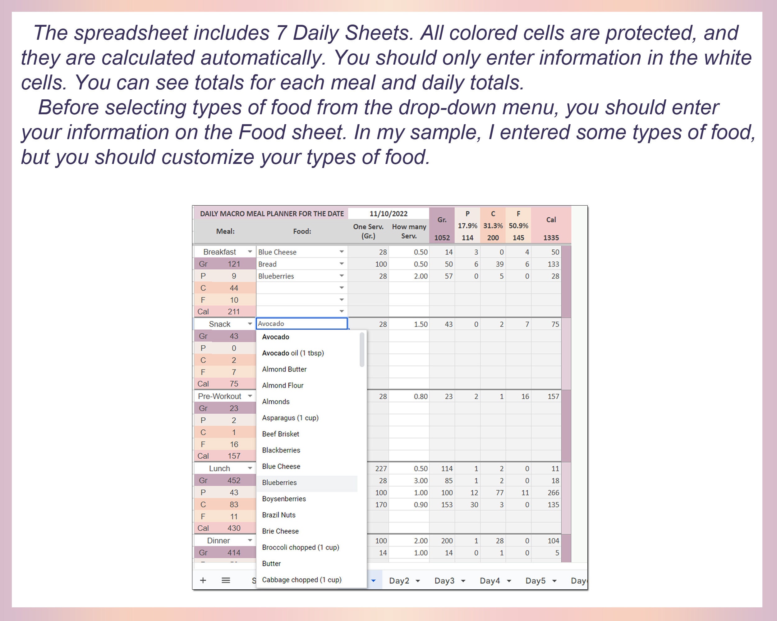 Macro Meal Planner Spreadsheet, Excel Meal Planner, Macro Diet Meal ...