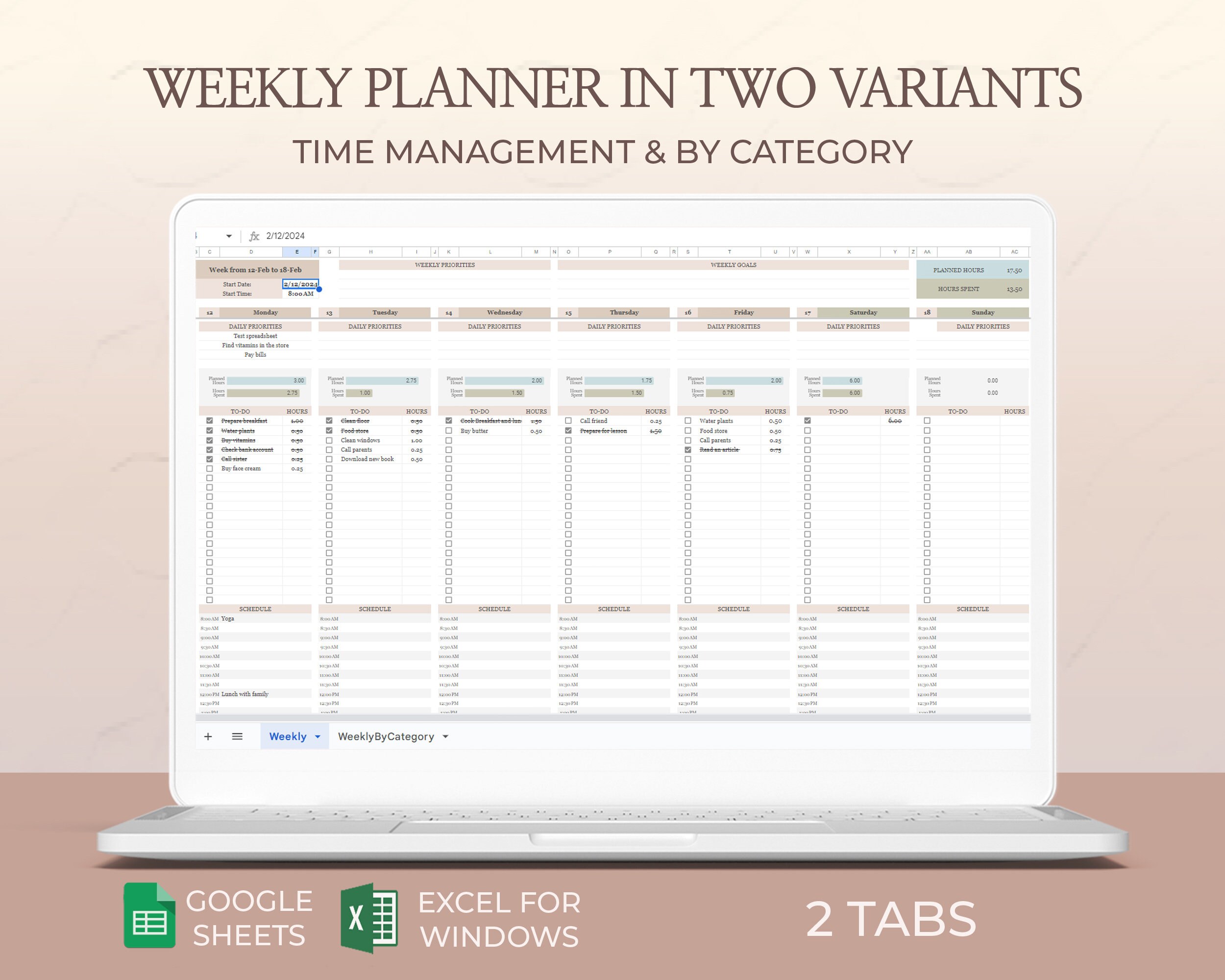 Weekly Planner Spreadsheet Weekly Schedule Template Weekly - Etsy