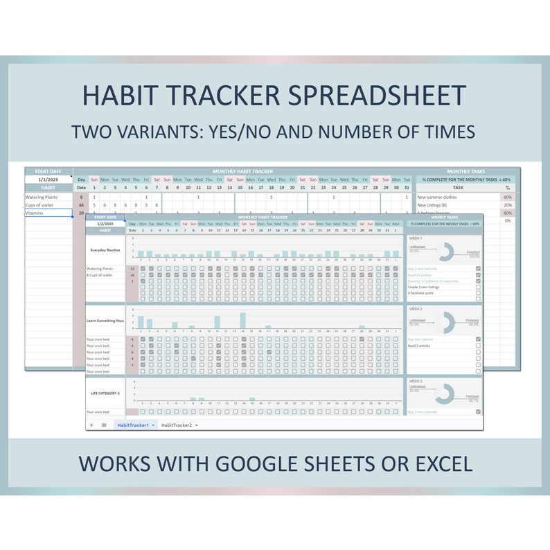 Habit Tracker Excel, Habit Tracker Spreadsheet, Monthly Habit Tracker ...