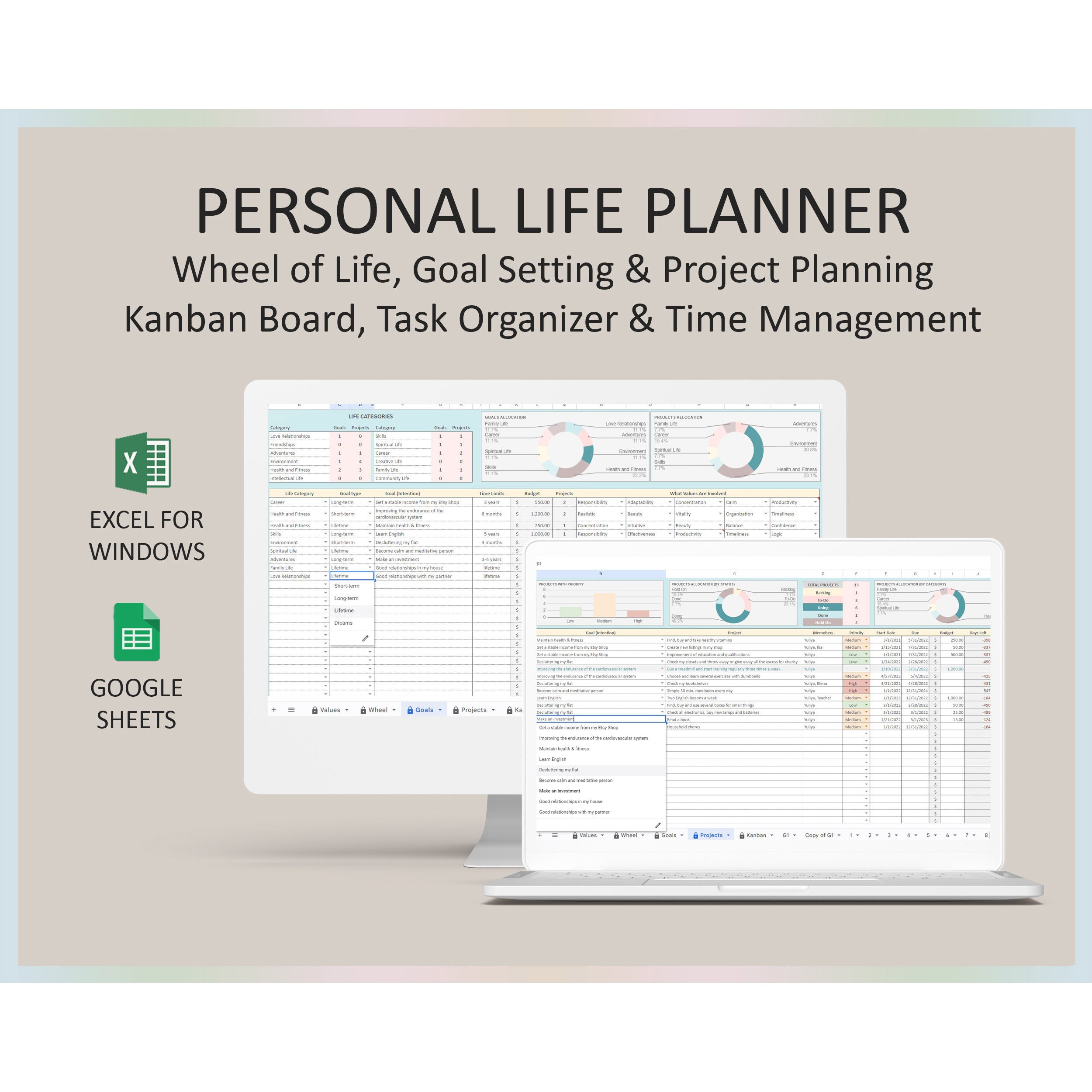 Life Planner Excel, Goal Setting, Wheel of Life, Project Planner ...