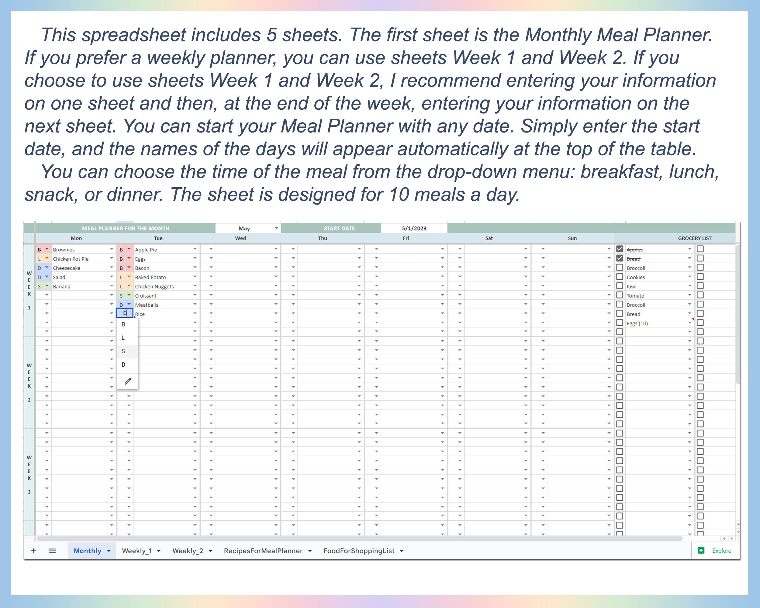 Monthly Meal Planner Template Weekly Menu Excel Spreadsheet Grocery ...