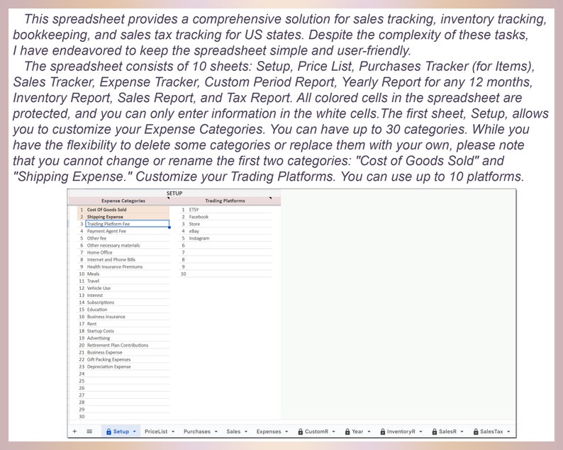 Reseller Bookkeeping Spreadsheet for Inventory Tracking Sales Expenses ...
