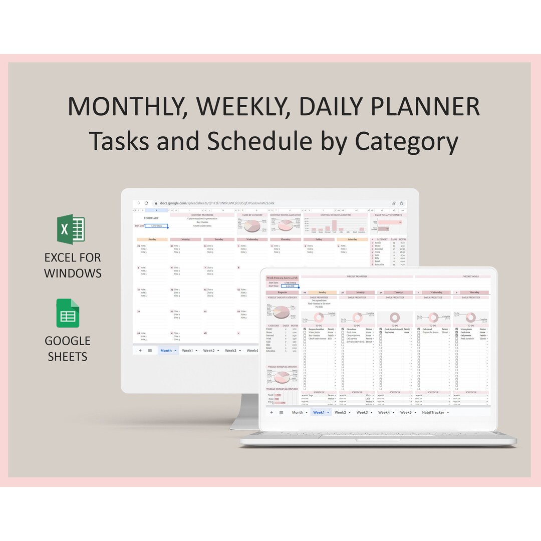 Monthly Planner Spreadsheet, Task Management, Personal Tasks Planner ...