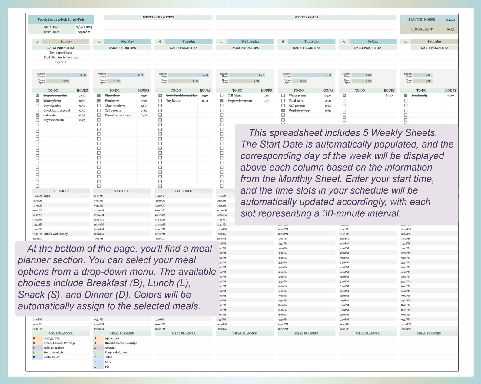 Monthly Planner Spreadsheet Weekly Hourly Calendar Weekly Schedule ...