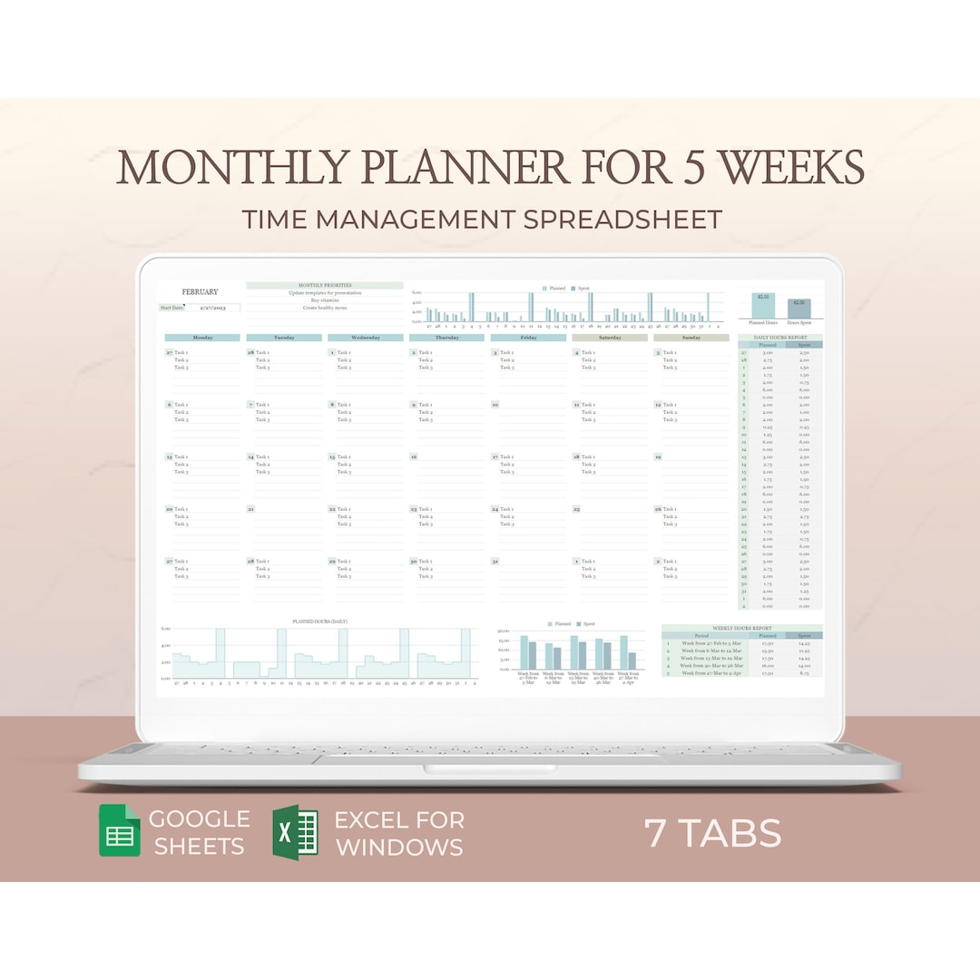 Monthly Planner Spreadsheet Weekly Hourly Calendar Weekly Schedule ...