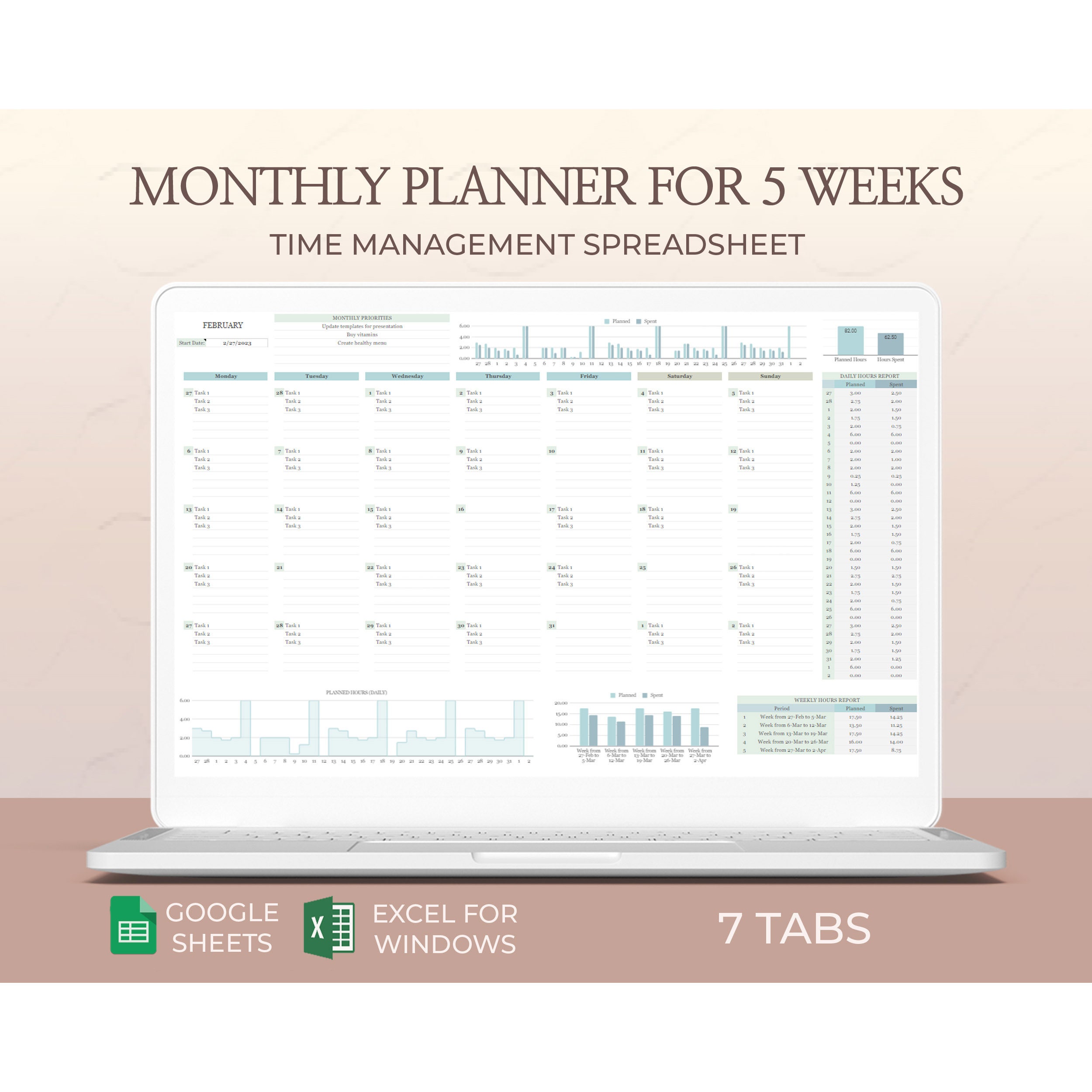 Monthly Planner Spreadsheet, Weekly Hourly Calendar, Weekly Schedule ...