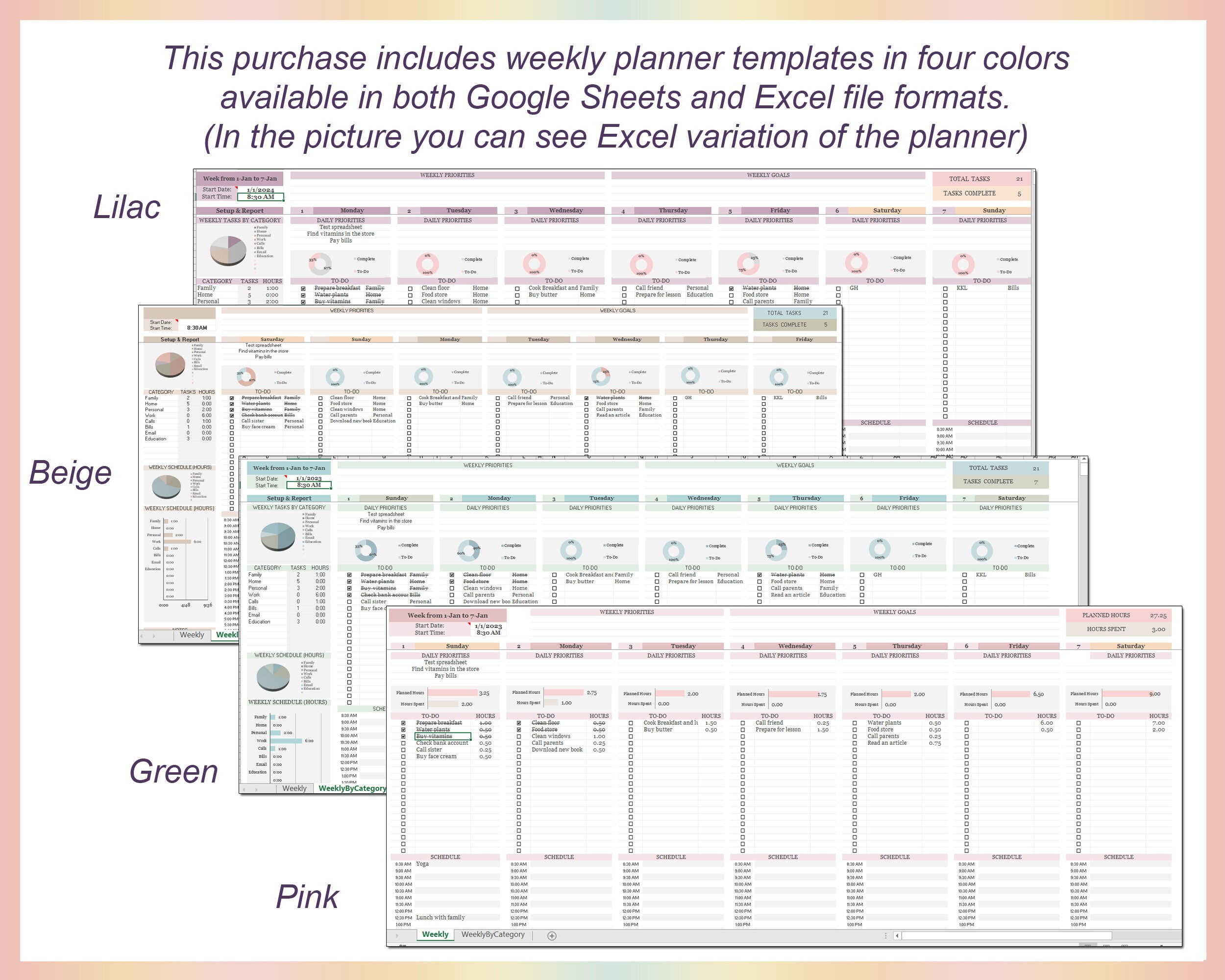 Weekly Planner Spreadsheet, Weekly Schedule Template, Weekly Schedule ...