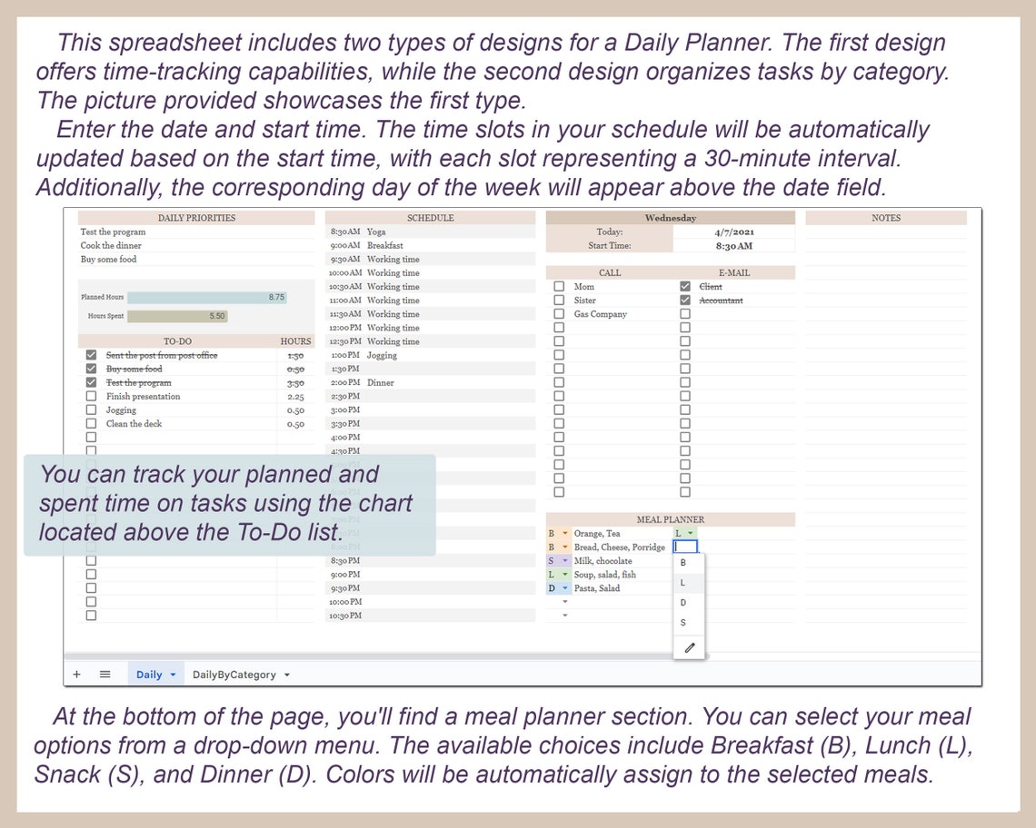 Daily Planner Excel Daily Schedule Template Daily Work Schedule Daily ...