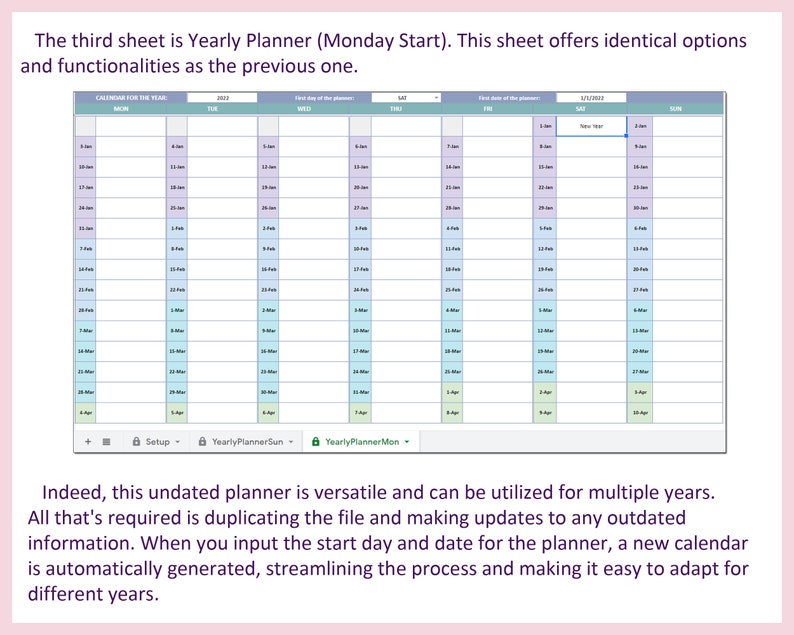 Excel Yearly Planner Calendar Annual Undated Template Weekly Overview ...