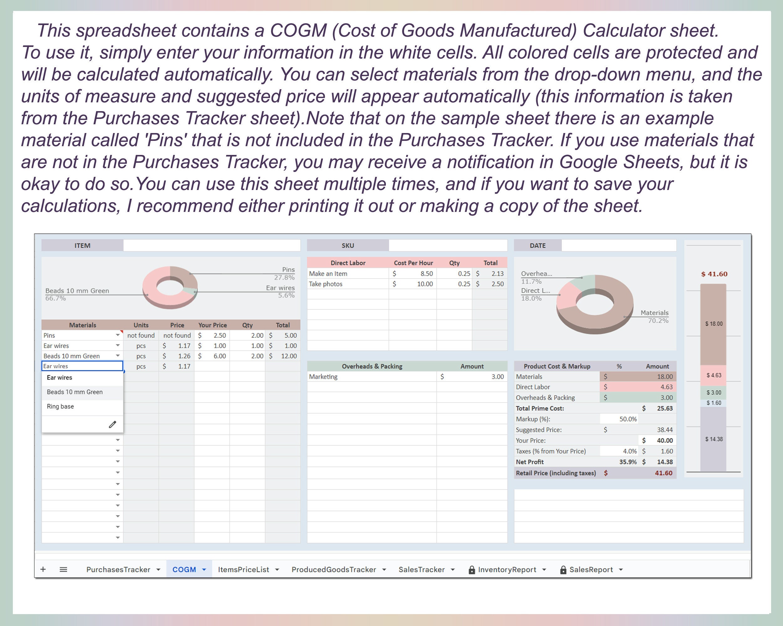Inventory Spreadsheet Pricing Sheet Sales Tracker Costing Calculator ...