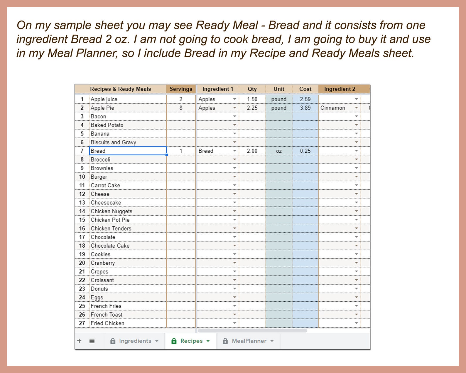 Meal planner digital Recipe cost calculator Grocery planner | Etsy