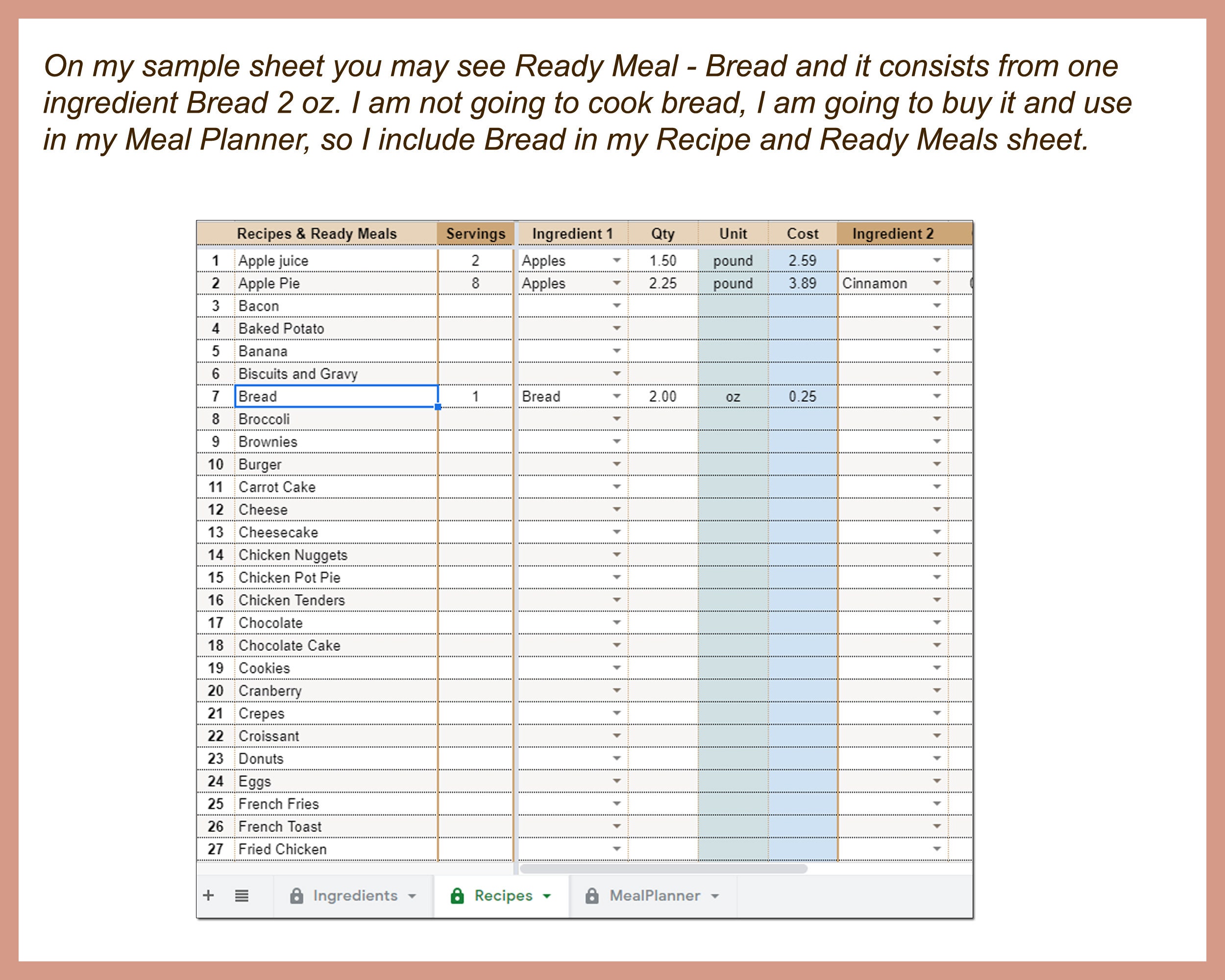 Meal planner digital Recipe cost calculator Grocery planner | Etsy