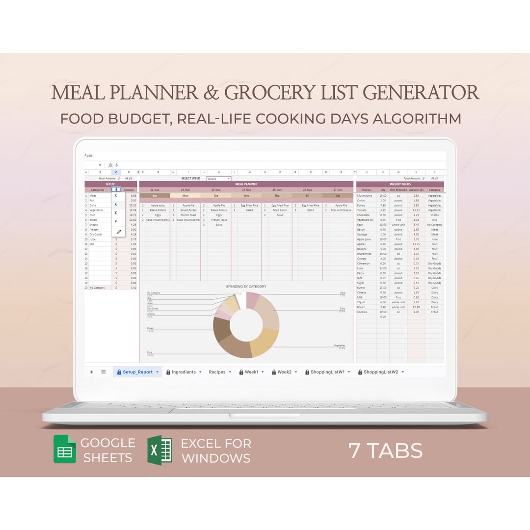 Meal Planner Digital Template With Recipe Cost Calculator Grocery List ...
