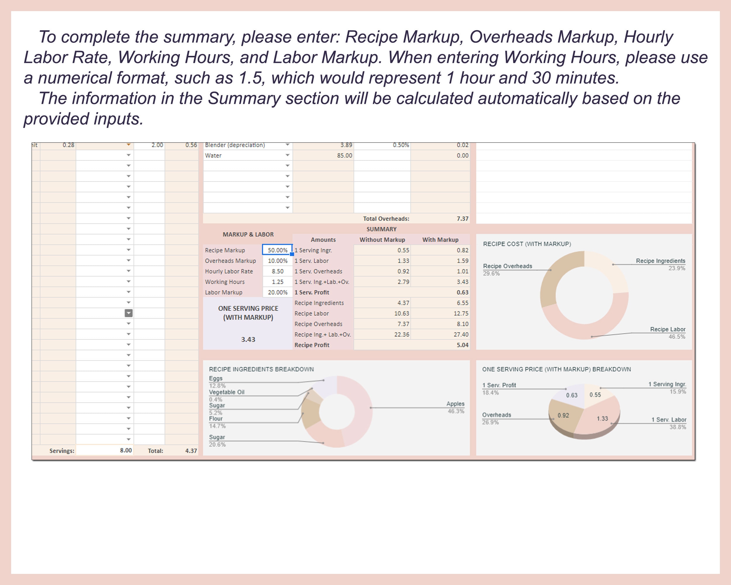 Recipe Cost Calculator Excel, Ingredient Cost, Baking Cost Formula ...
