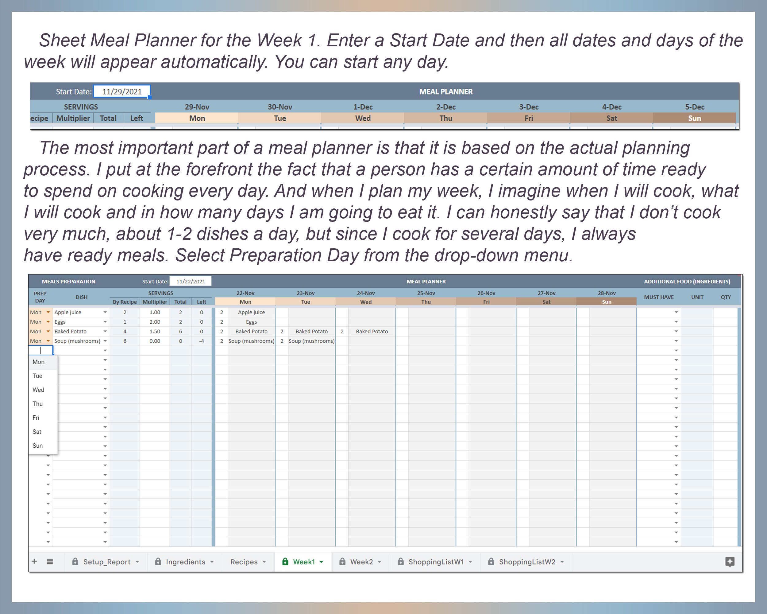 Meal Planner Spreadsheet Weekly Menu Excel Food Organizer Dinner ...