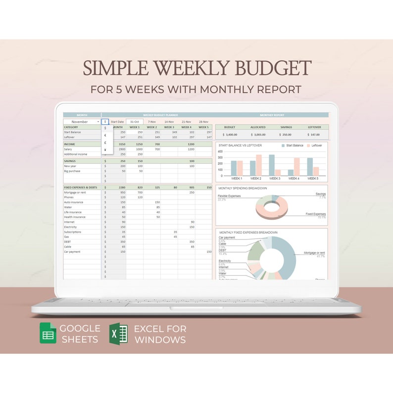 Weekly Budget Spreadsheet Template Excel Planner Editable Monthly ...