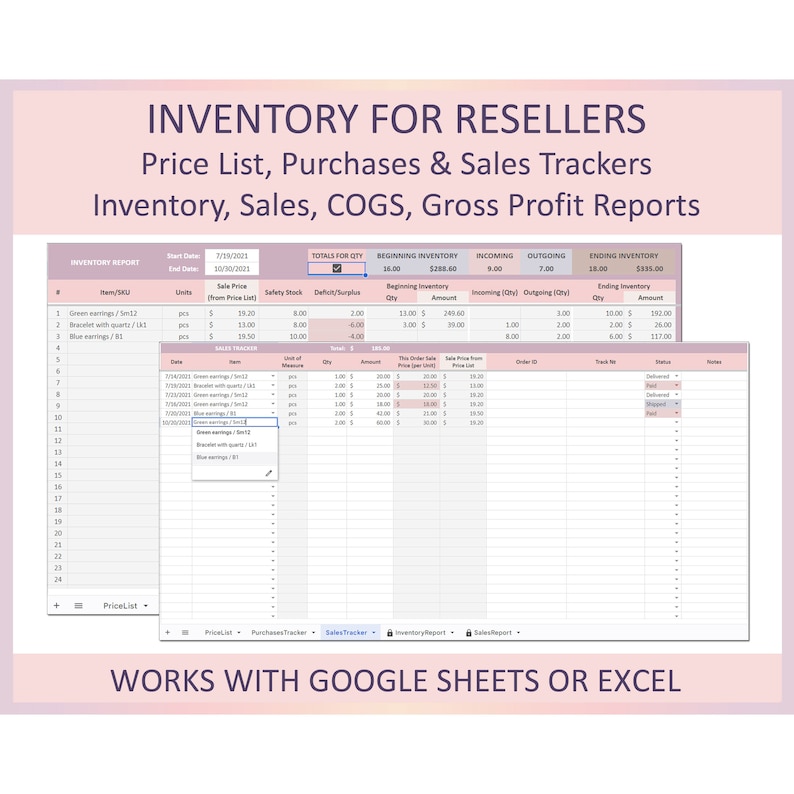 Inventory Tracker Spreadsheet Excel Google Sheets Template Reseller ...