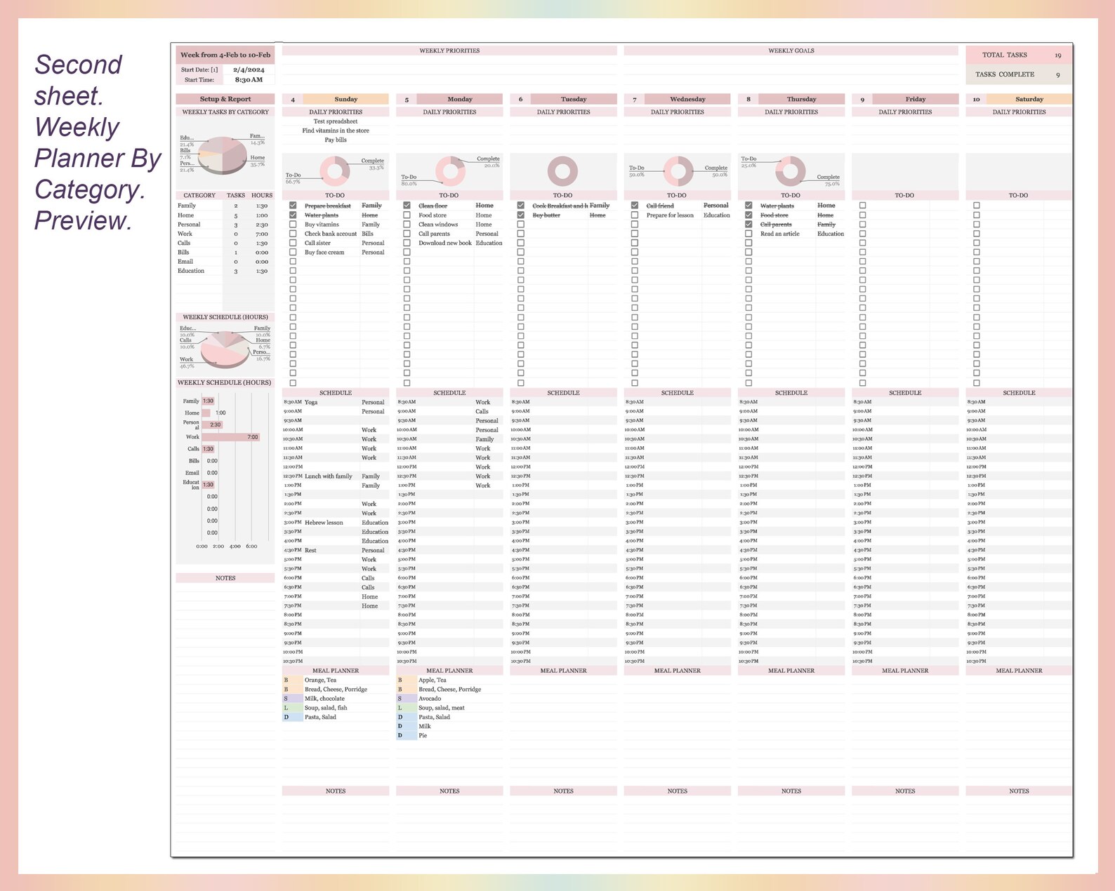 Weekly Planner Spreadsheet Template Google Sheets Excel Schedule To-do ...