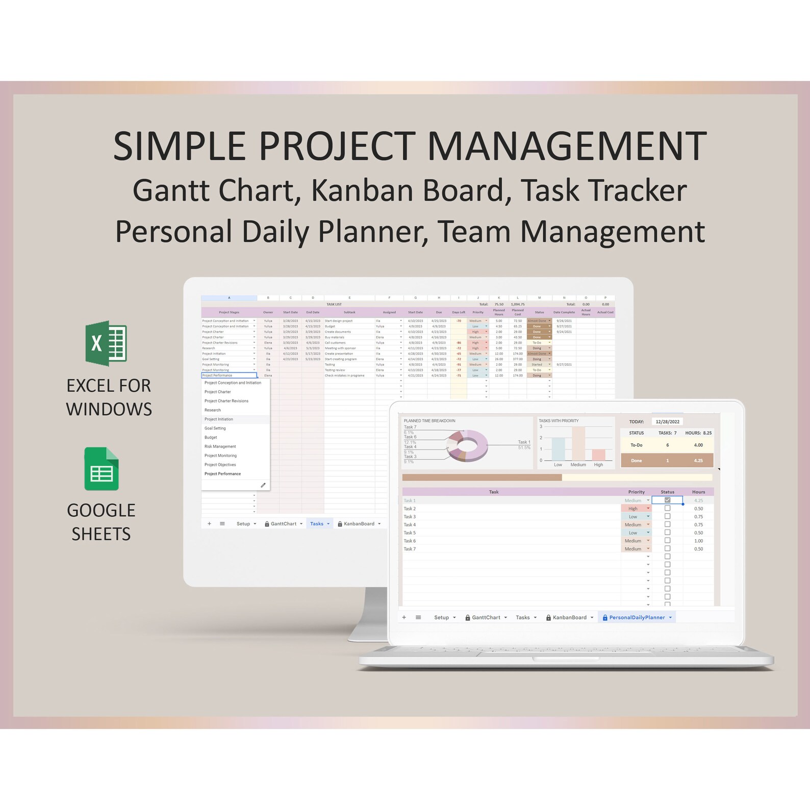 Project Planner Spreadsheet, Easy Project Planning, Kanban Board, Task ...