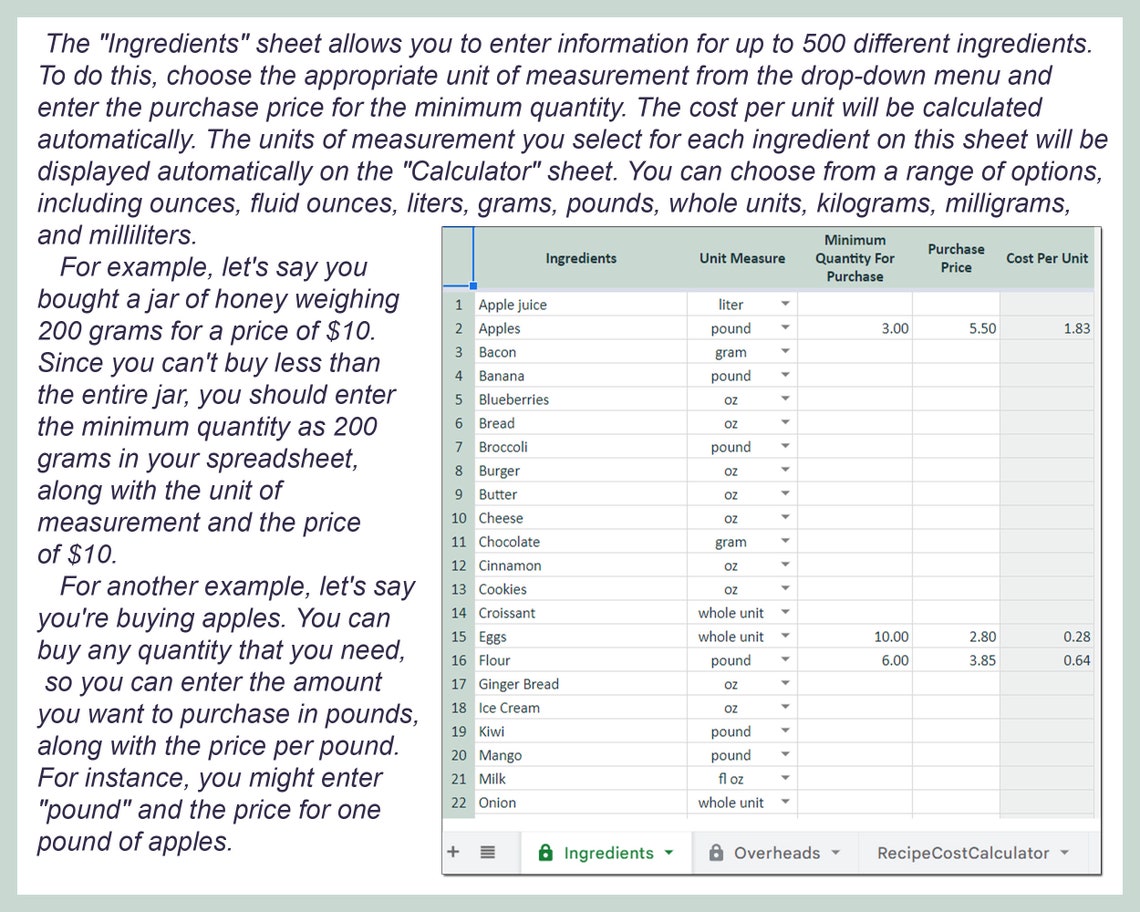 Cake Pricing Calculator Recipe Costing Template Baking Ingredient ...