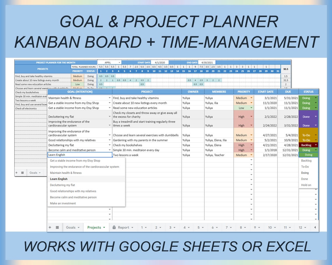 Digital Project Planner Goal Planner Kanban Board Gantt - Etsy