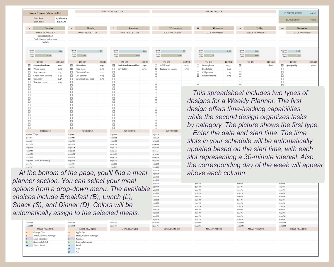 Weekly Planner Spreadsheet, Weekly Schedule Template, Weekly Schedule ...