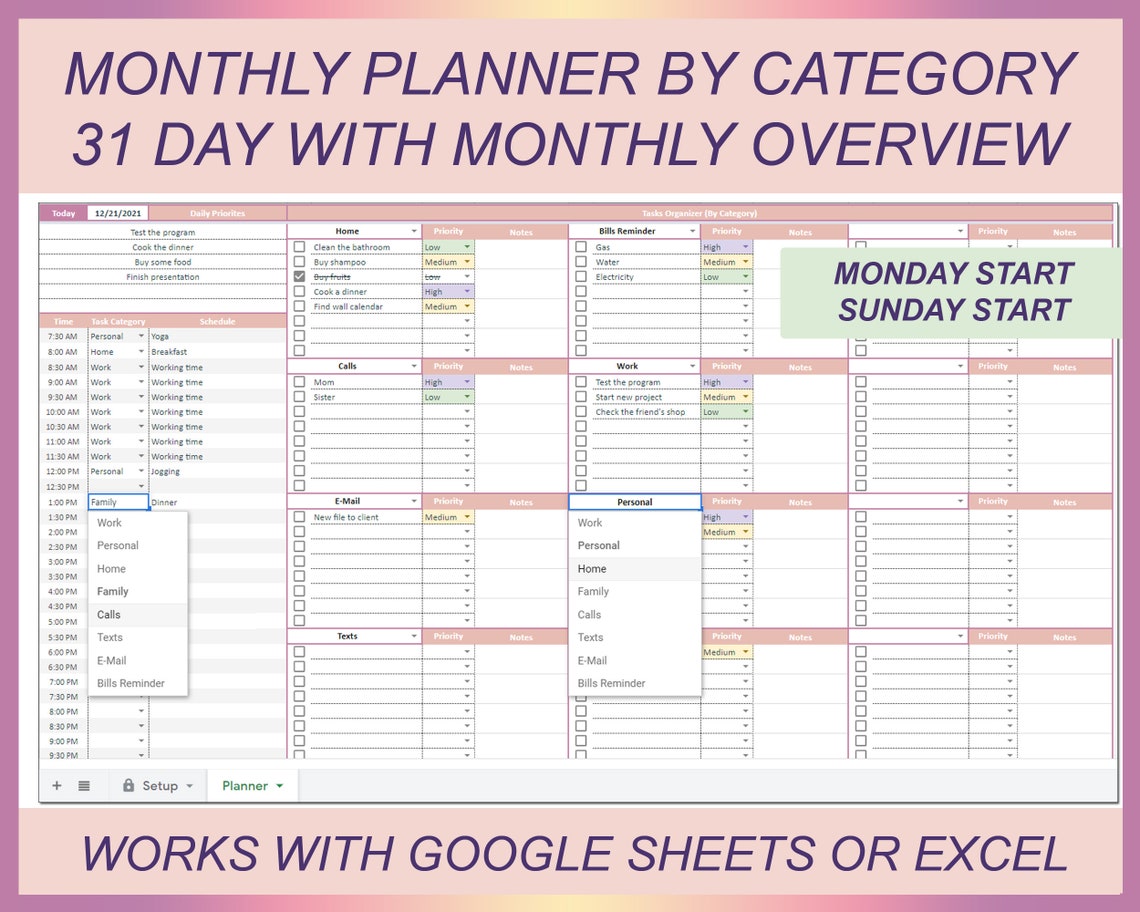Monthly Planner Spreadsheet Task Management Personal Tasks - Etsy