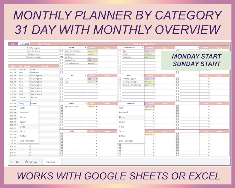 Monthly Planner Spreadsheet Task Management Personal Tasks | Etsy