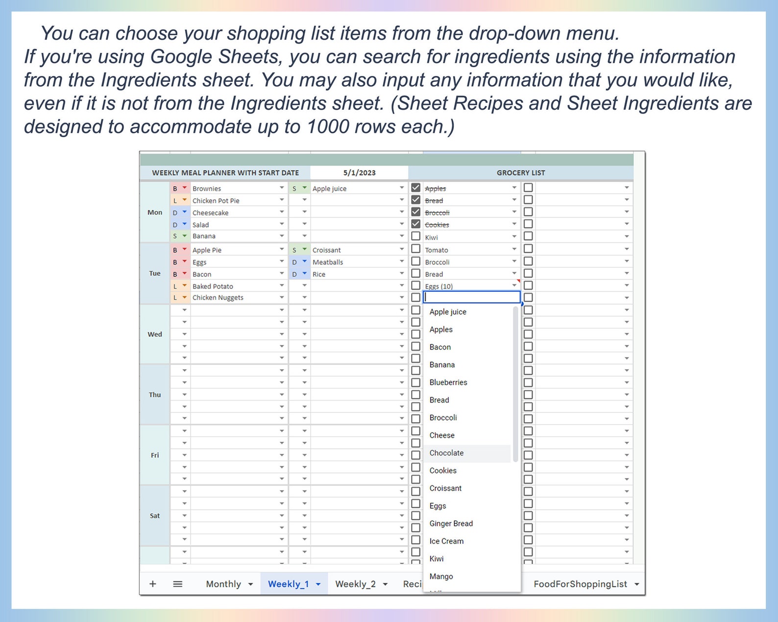 Monthly Meal Planner Template Weekly Menu Excel Spreadsheet Grocery ...