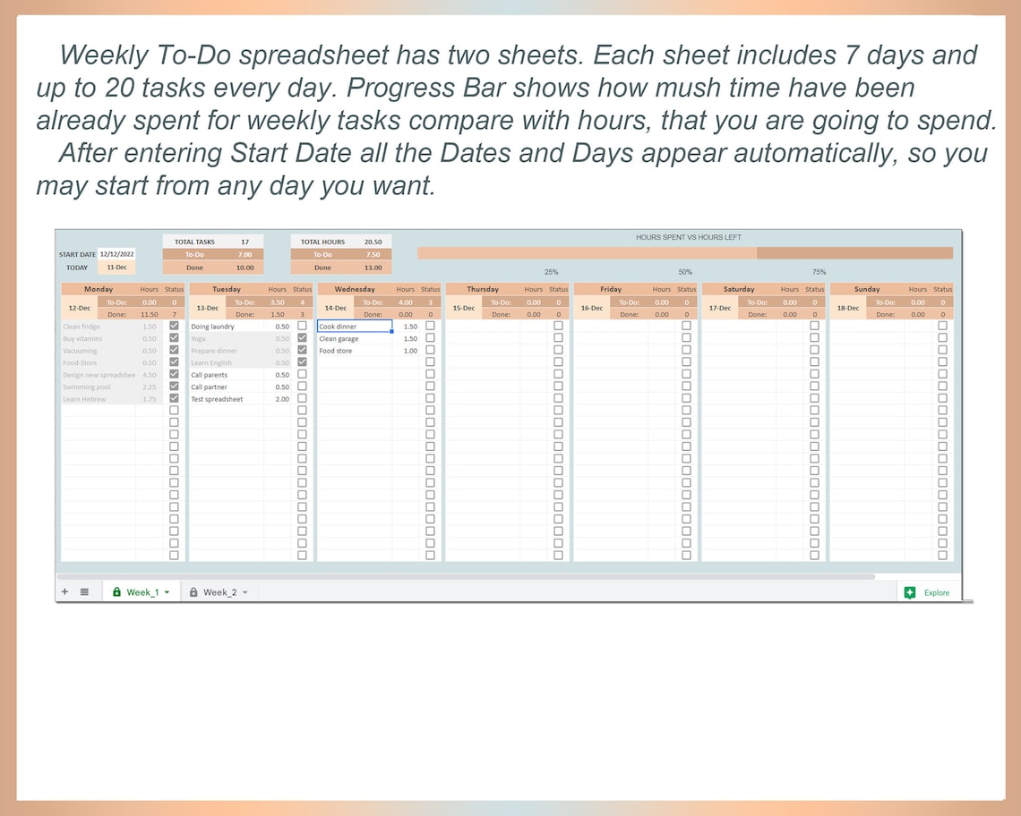 Weekly to Do List, to Do List Template, To-do List Excel, to Do List ...