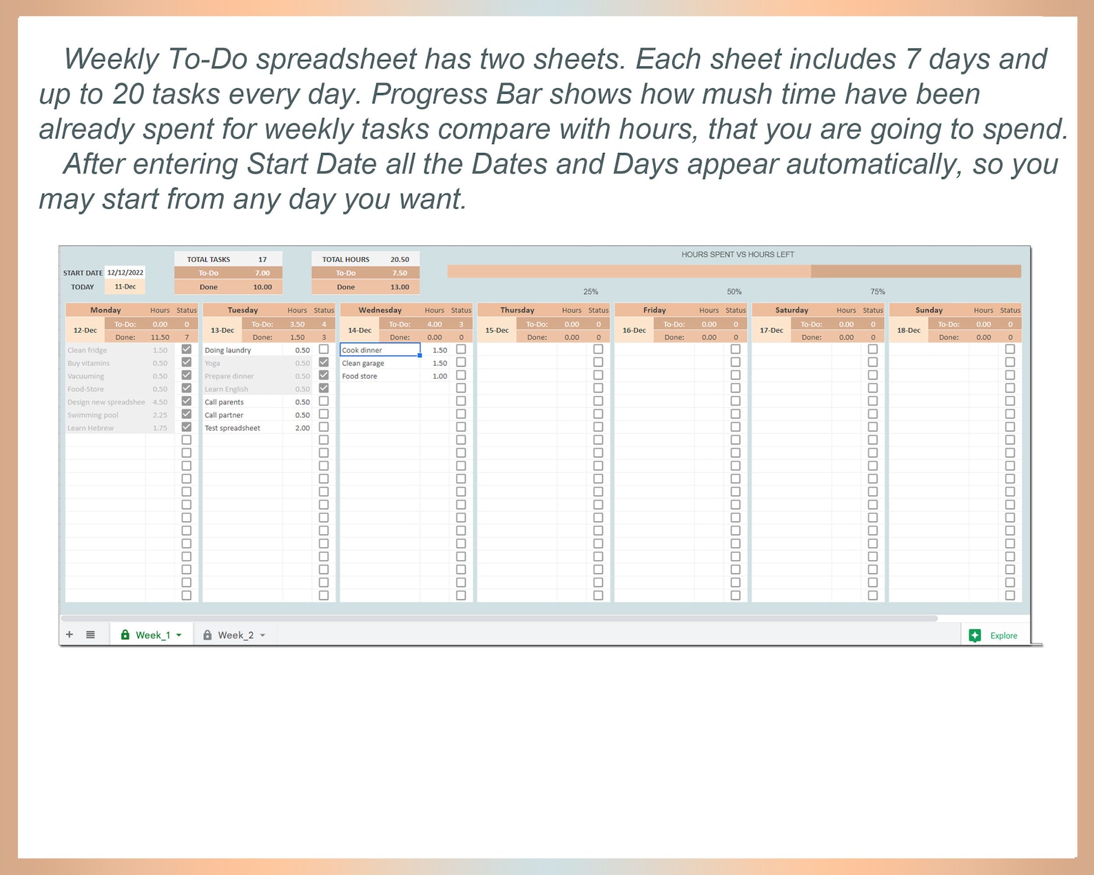 Weekly to Do List, to Do List Template, To-do List Excel, to Do List ...